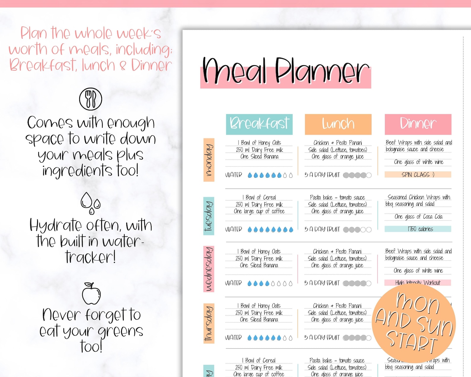 Colorful Meal Planner Printable Weekly Food Diary Meal - Etsy UK