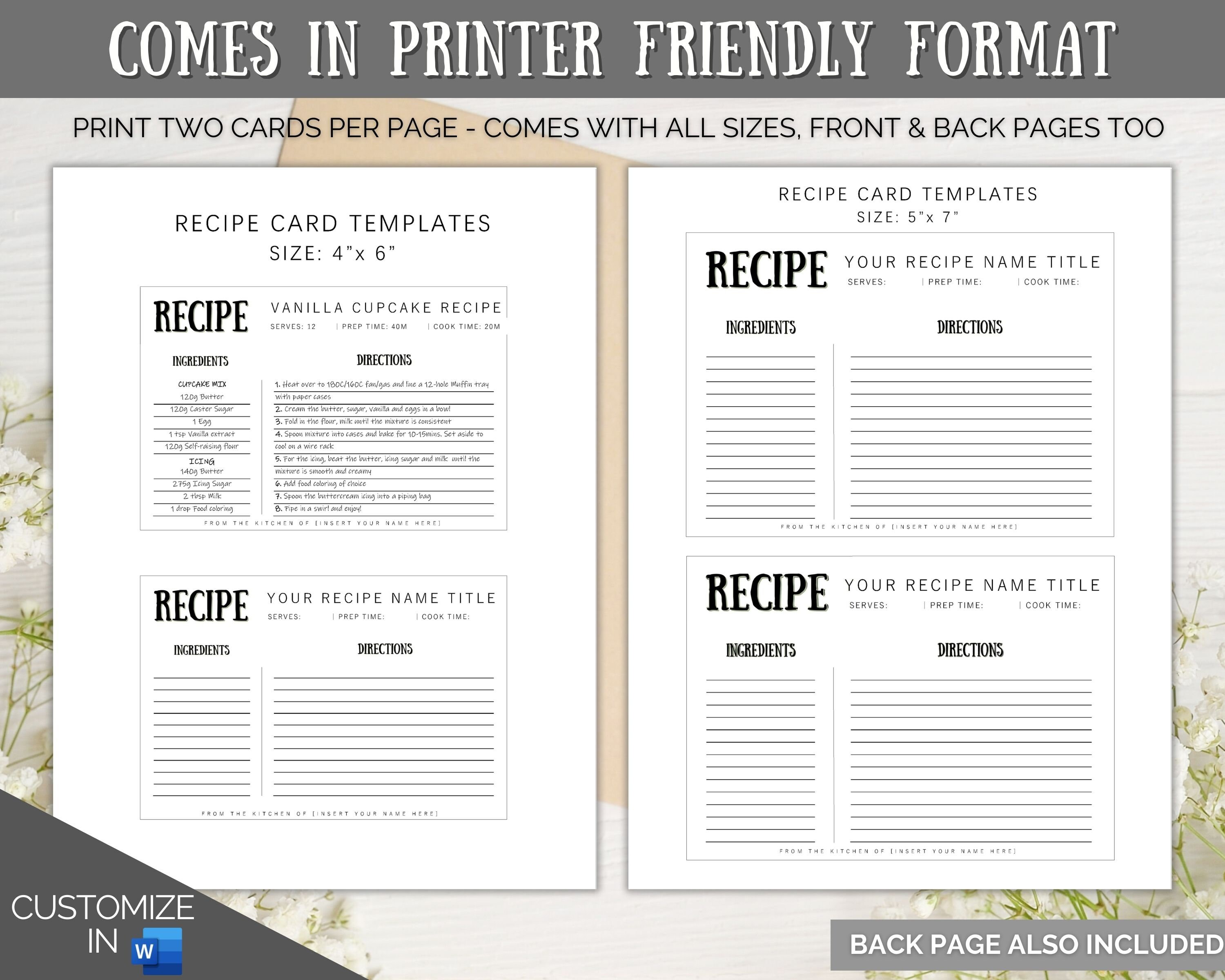 EDITABLE Recipe Card Template, Recipe Template, Recipe Cards Printable ...