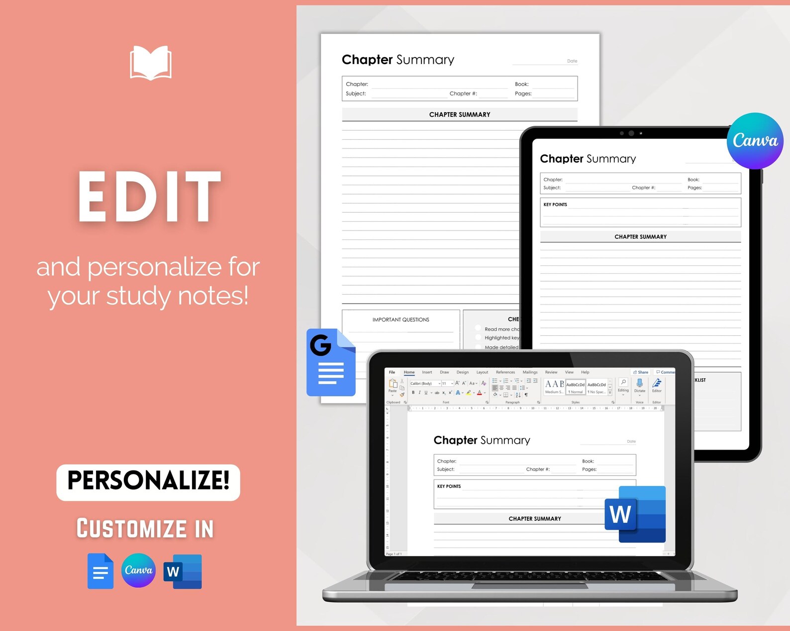 EDITABLE Chapter Summary Template Study Guide Textbook - Etsy