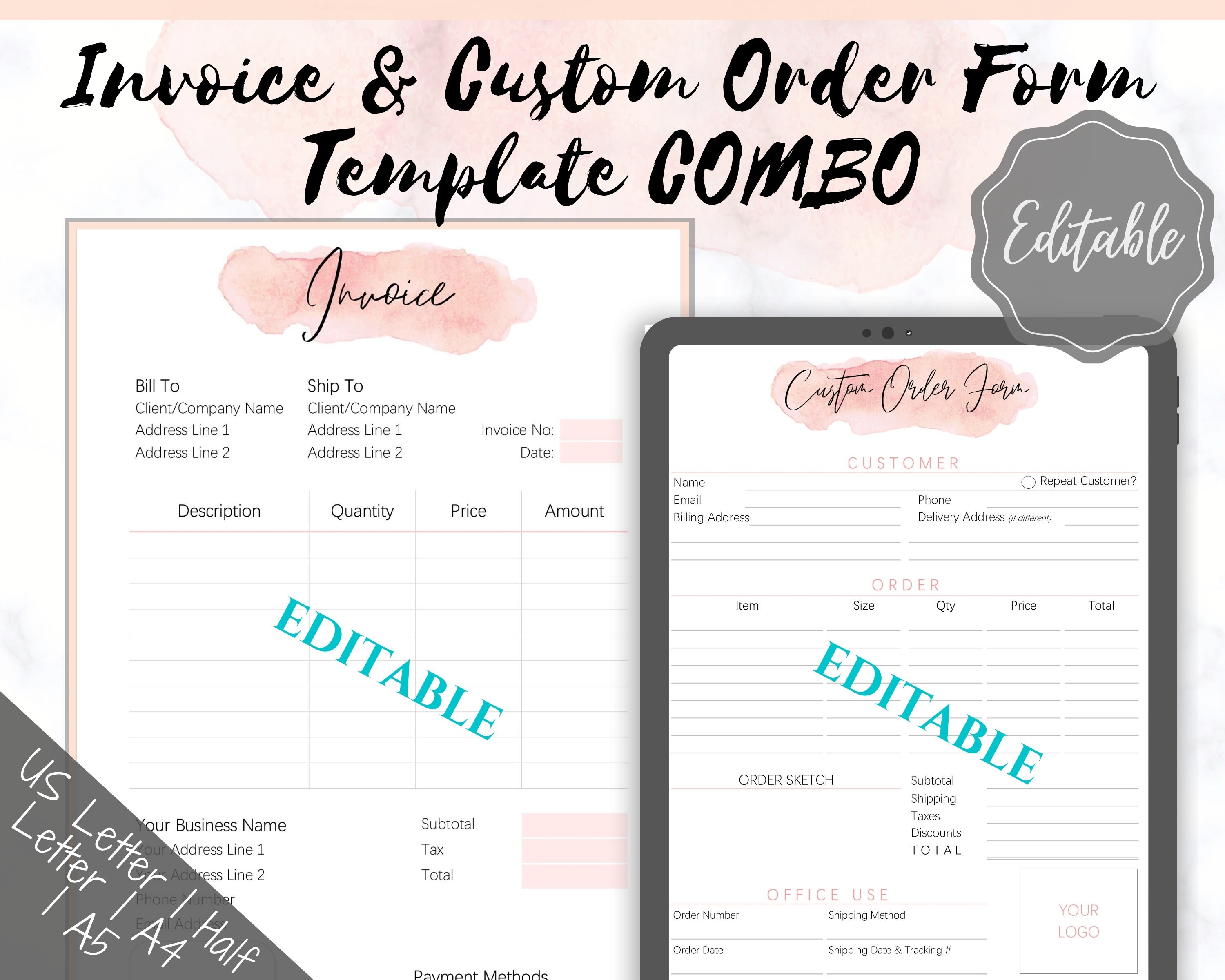 INVOICE Template & Custom ORDER FORM Editable. Receipt | Etsy