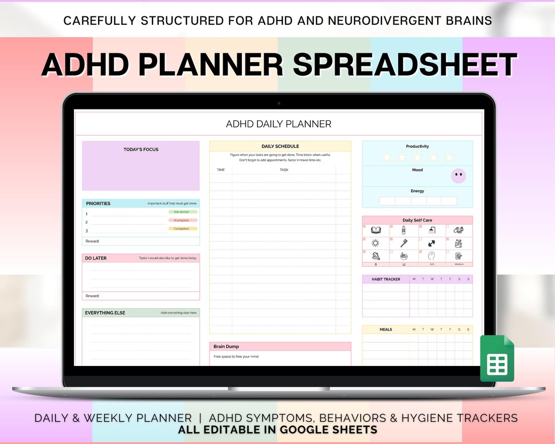 Colorful ADHD Digital Planner, Daily Planner Spreadsheet ...
