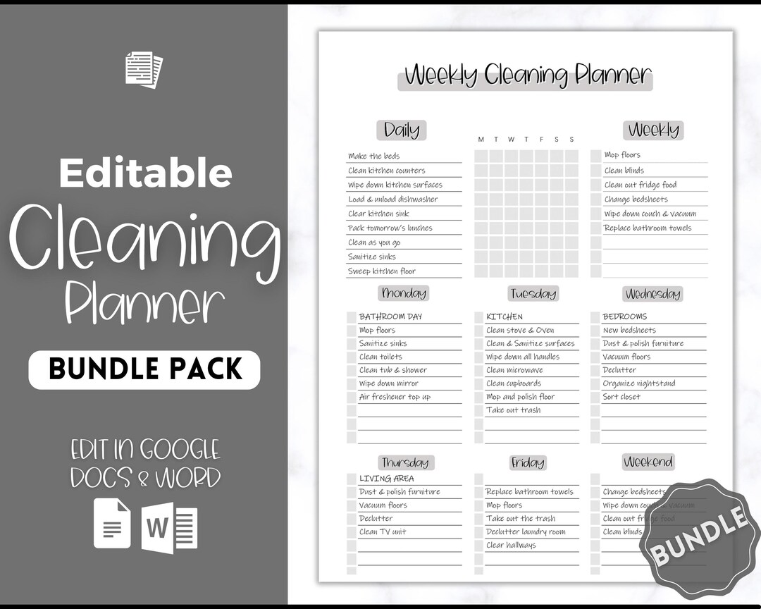 Monochrome Cleaning Schedule, EDITABLE Cleaning Checklist, Cleaning ...