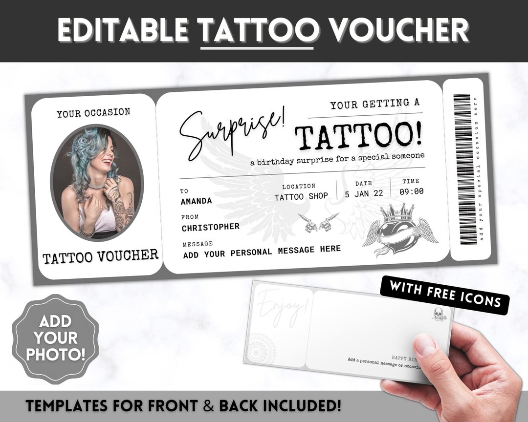 Modello di biglietto tatuaggio, carta regalo tatuaggio EDITABLE, buono ...