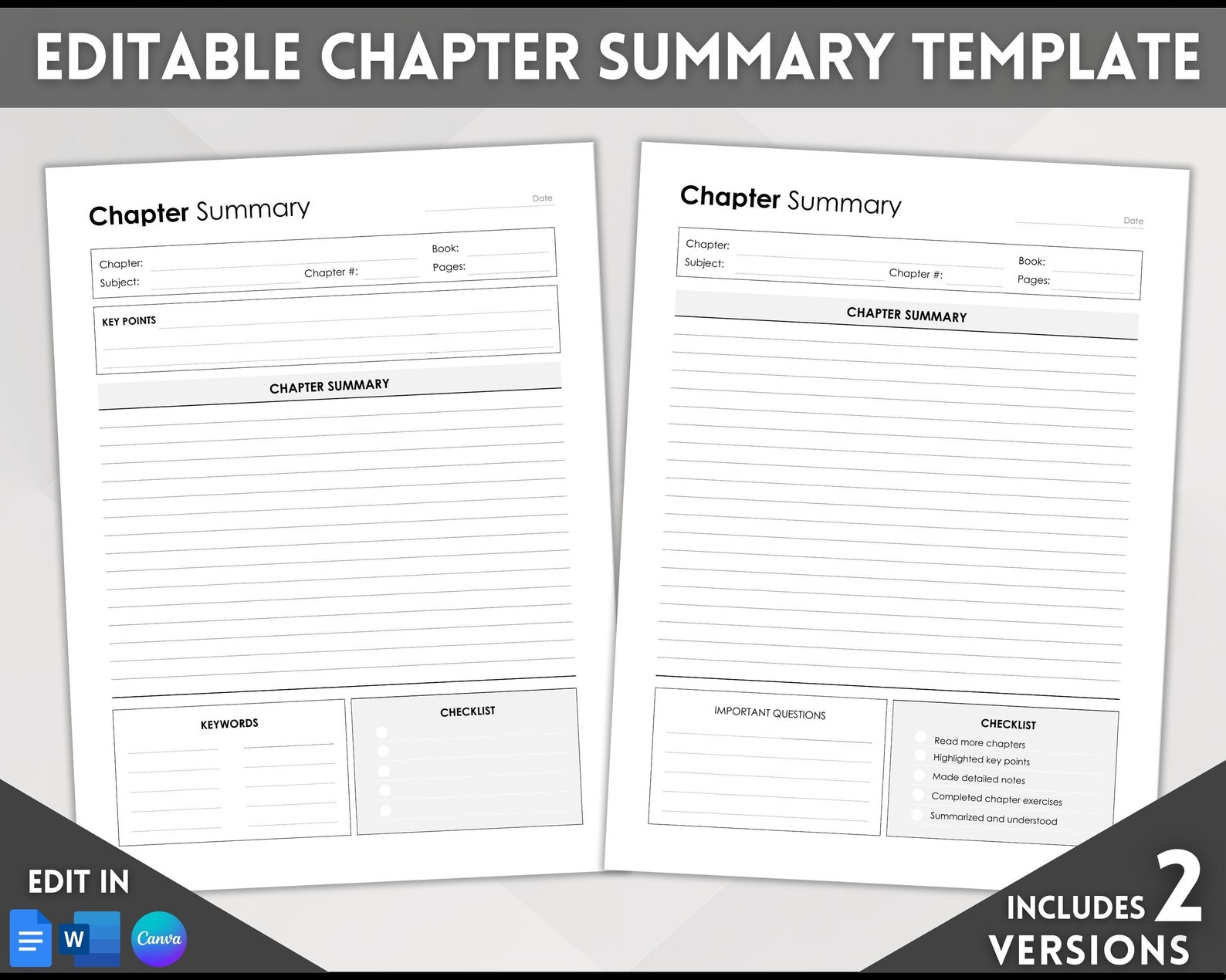 EDITABLE Chapter Summary Template Study Guide Textbook - Etsy