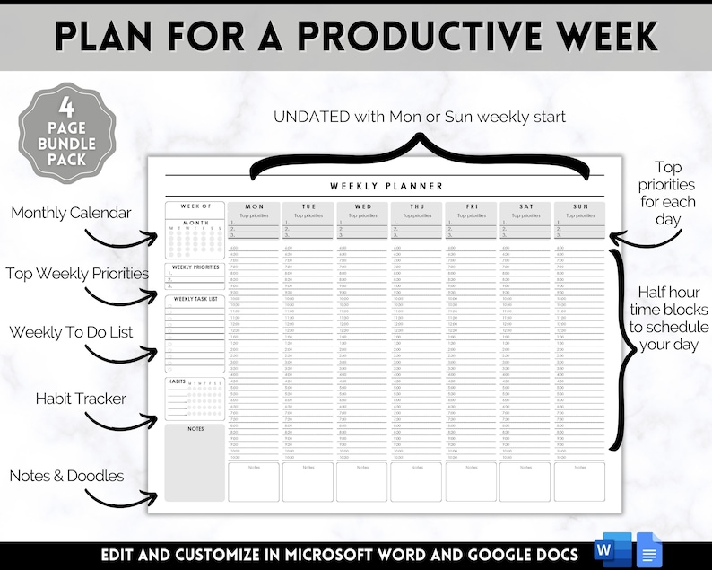 EDITABLE Weekly Planner Printable, Daily Hourly Planner, Weekly ...