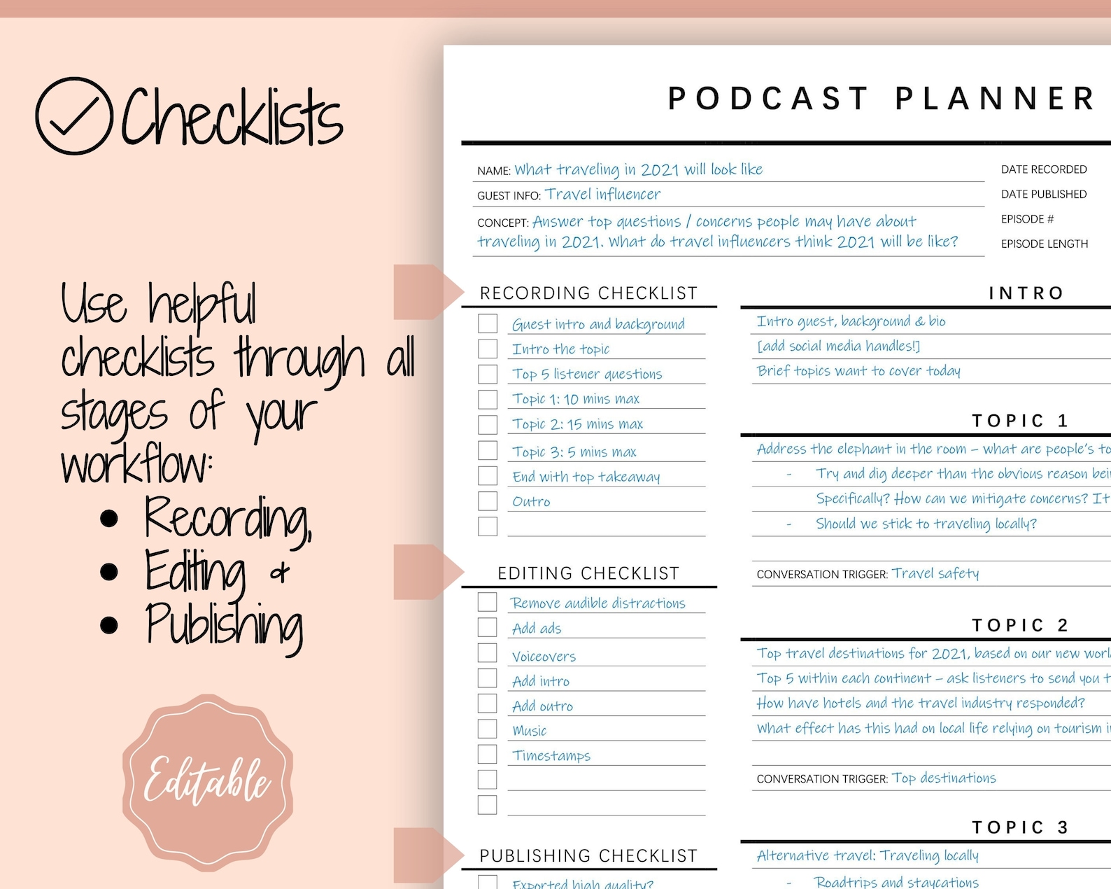 EDITABLE Podcast Planner Template, Podcast Checklist, Content Calendar ...