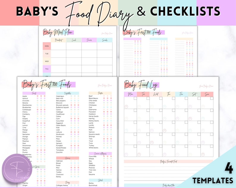 Baby First Foods Checklist, Baby Food Tracker Printable BUNDLE, Meal ...