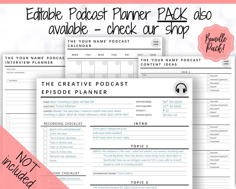 Podcast Planner, EDITABLE Podcast Template Content Calendar, Podcast ...