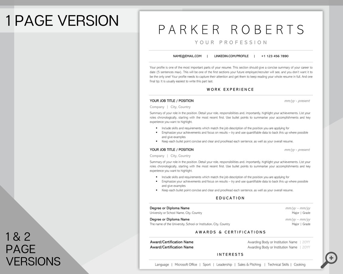 2 Page Resume Template Word. CV Template Professional CV - Etsy UK