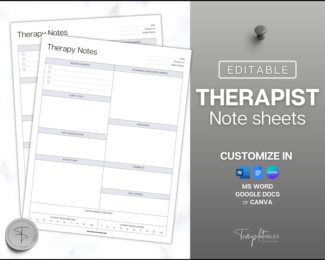 EDITABLE Therapist Notes, Therapy Note Sheet, Therapist Progress Notes ...