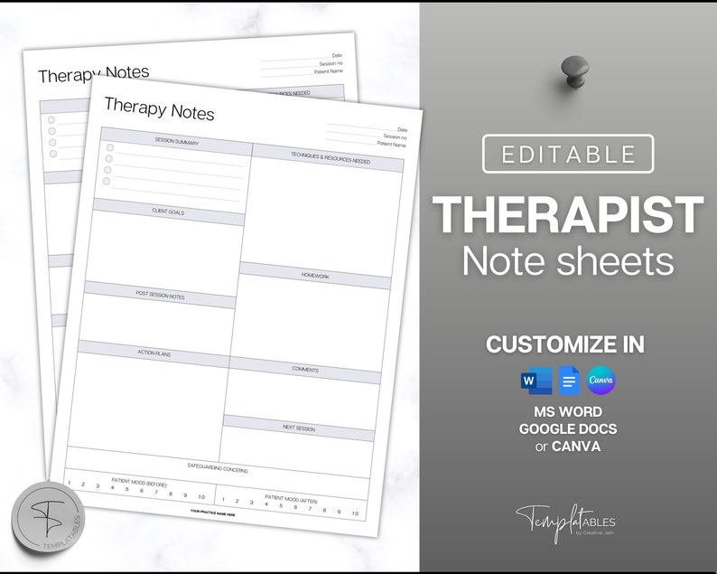 Therapist Notes, EDITABLE Therapy Note Sheet, Therapist Progress Notes ...