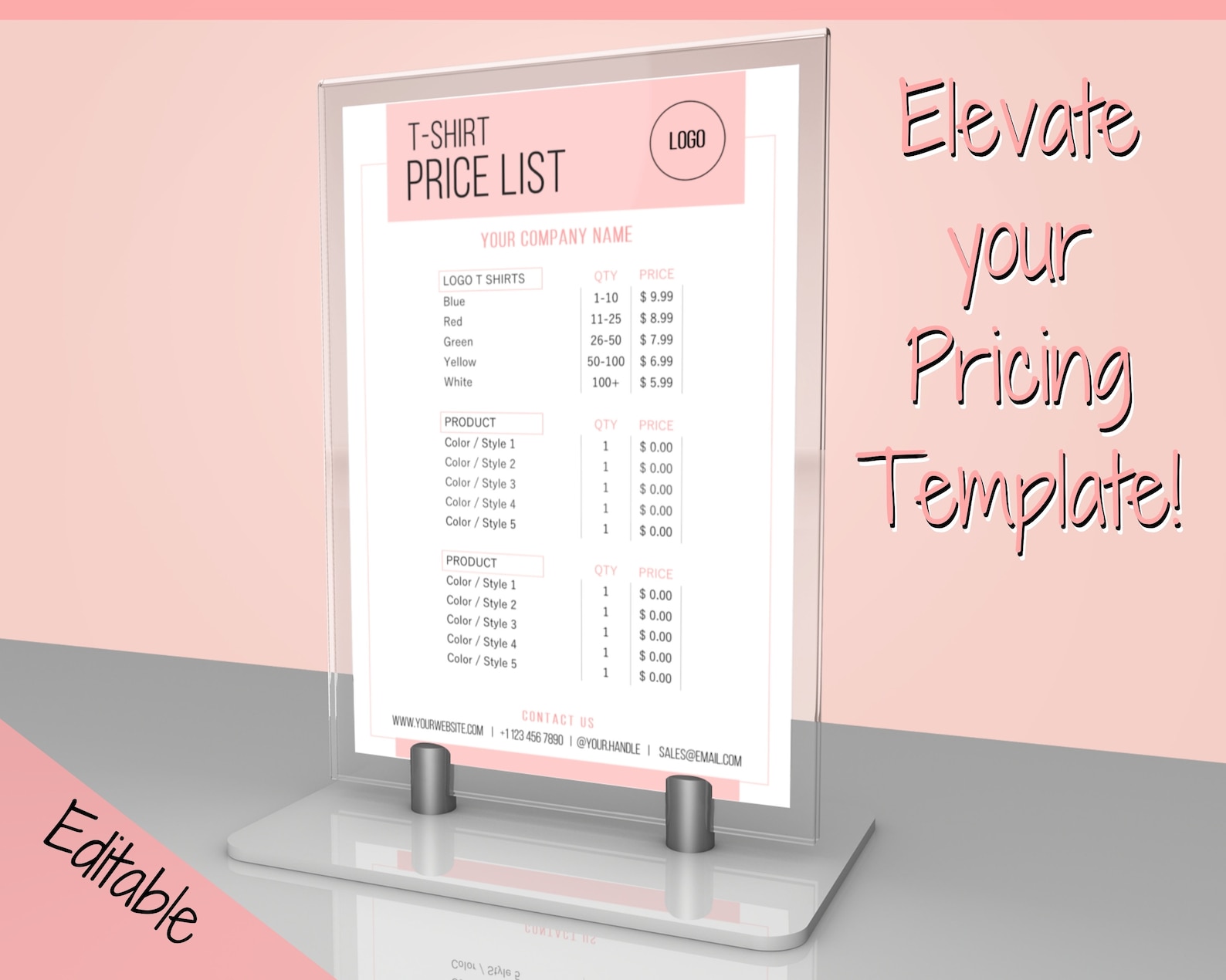 Tshirt PRICE LIST Template Editable. Printable Price Sheet, Price Guide ...