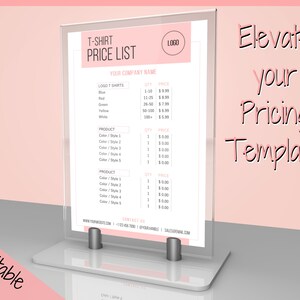 Tshirt PRICE LIST Template Editable. Printable Price Sheet, Price Guide ...