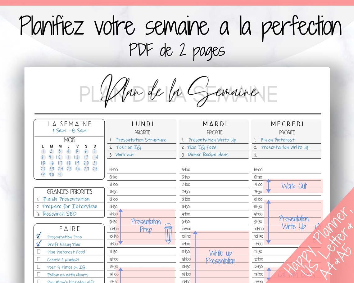FRENCH Weekly Planner Printable Français Hourly Planner - Etsy