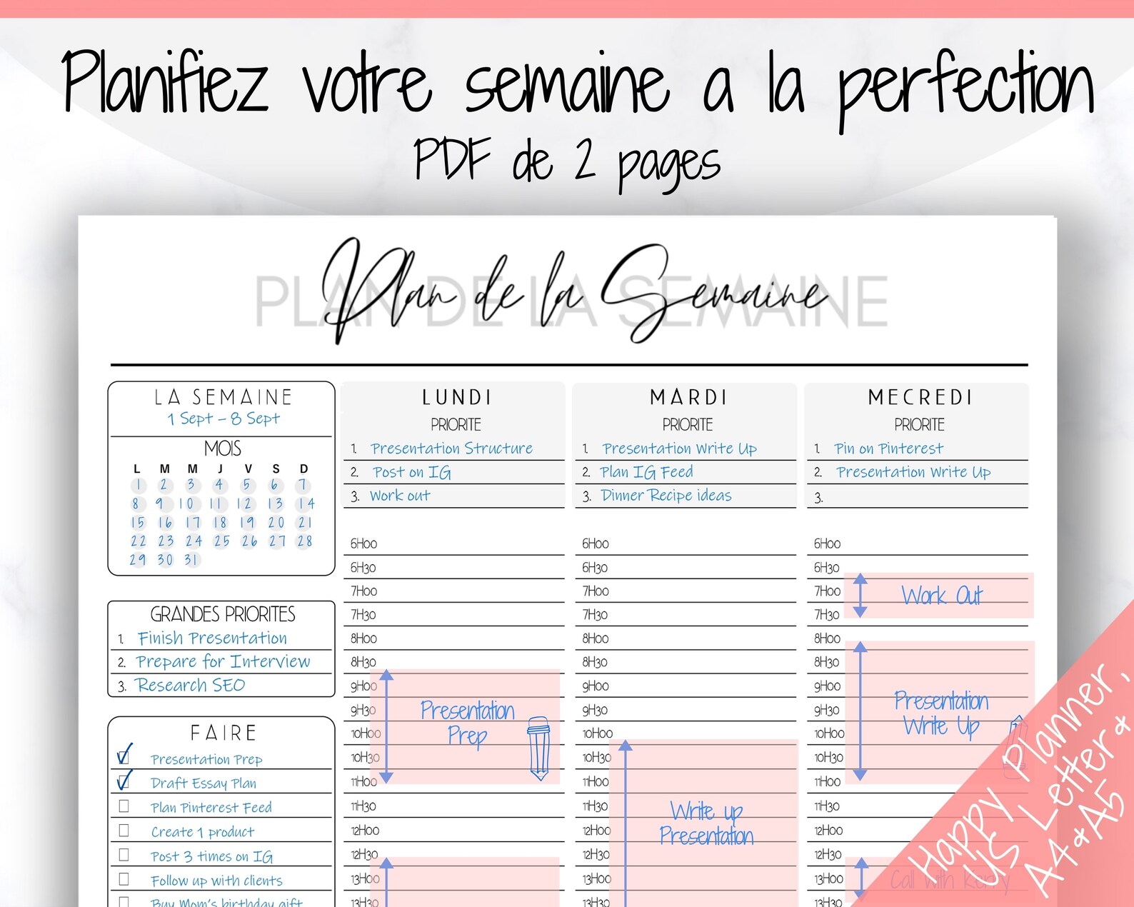 FRENCH Weekly Planner Printable Français Hourly Planner - Etsy