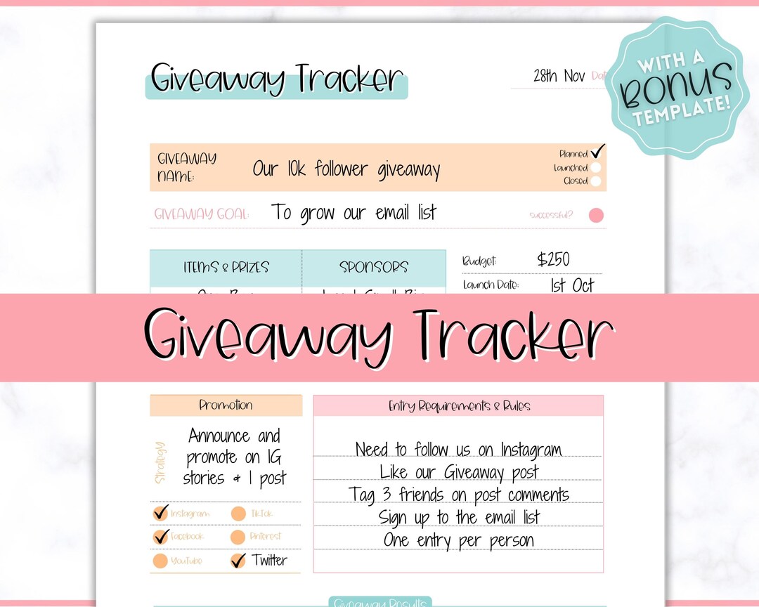Giveaway Template, Social Media Planner, Printable Giveaway Tracker ...