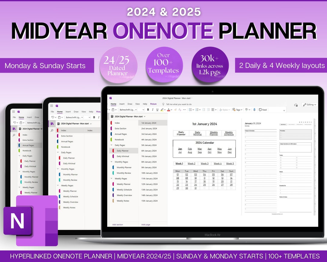 MID YEAR Onenote Planner, 2024 Digital Planner, Onenote Template, Daily ...