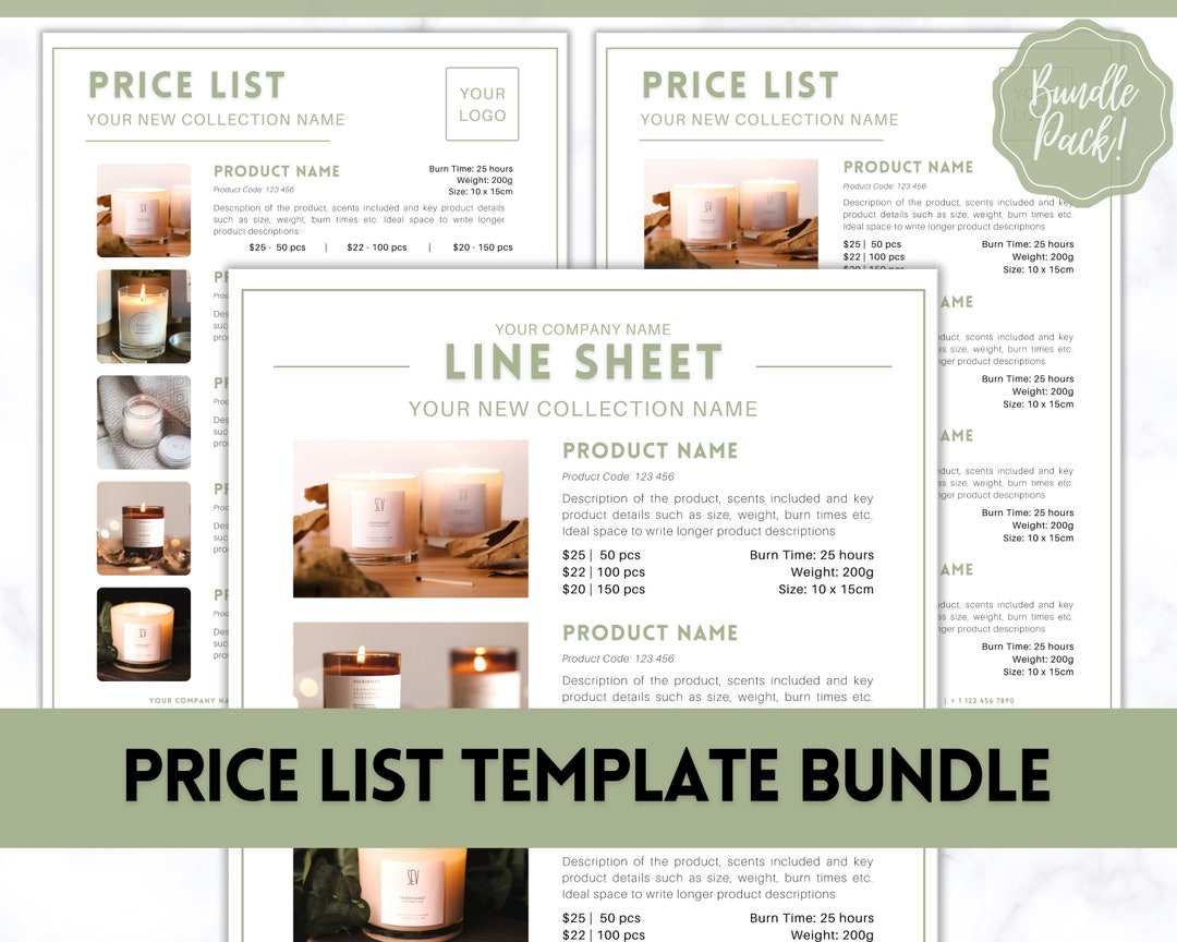 Price List Template. Line Sheet for Wholesale. Editable Candle Template ...