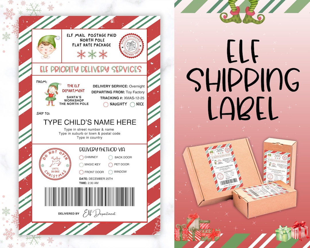 Elf Shipping Label, EDITABLE TEMPLATE, North Pole Mail Sticker, Elf ...