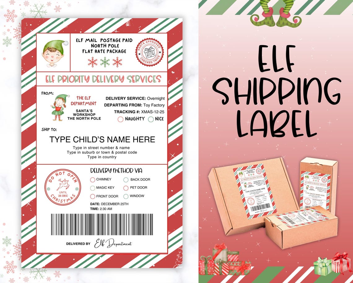 Elf Shipping Label, EDITABLE TEMPLATE, North Pole Mail Sticker, Elf ...