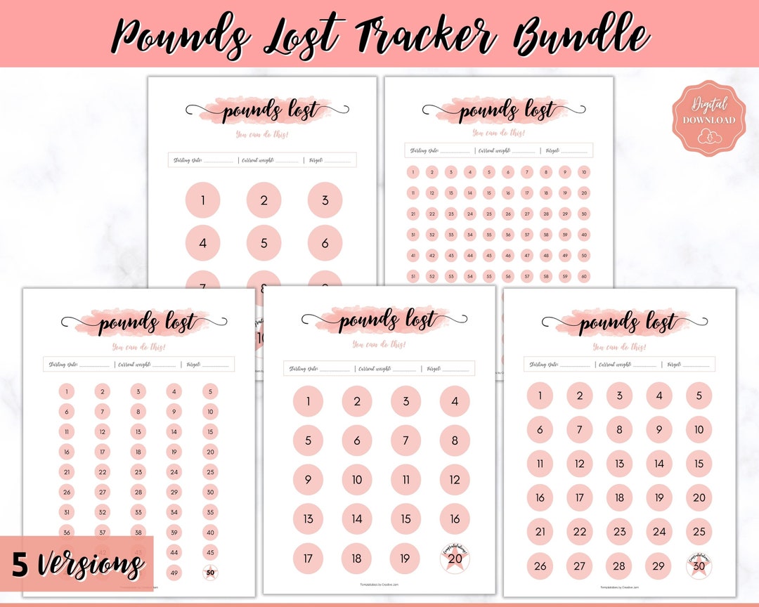 Weight Loss Tracker BUNDLE! Pack of 5 Pounds Lost Trackers, 10, 20, 30 ...