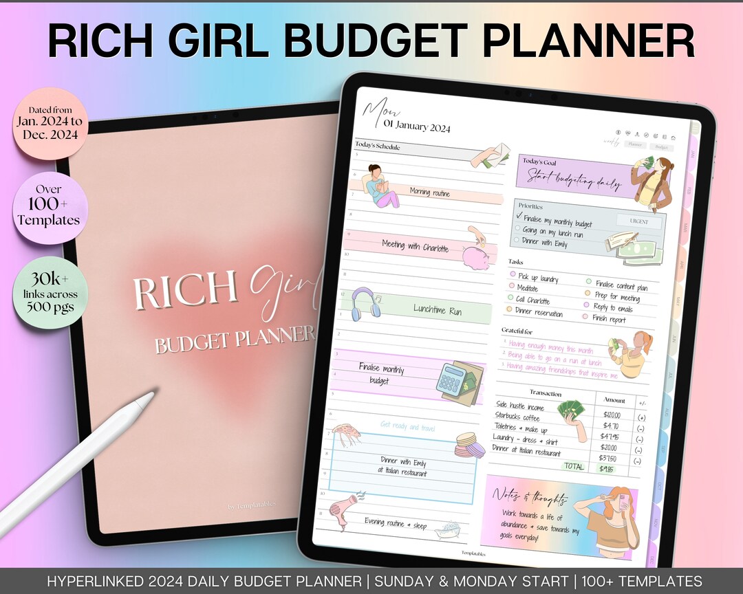 RICH GIRL Digital Budget Planner, 2024 Goodnotes Planner, Daily Weekly ...