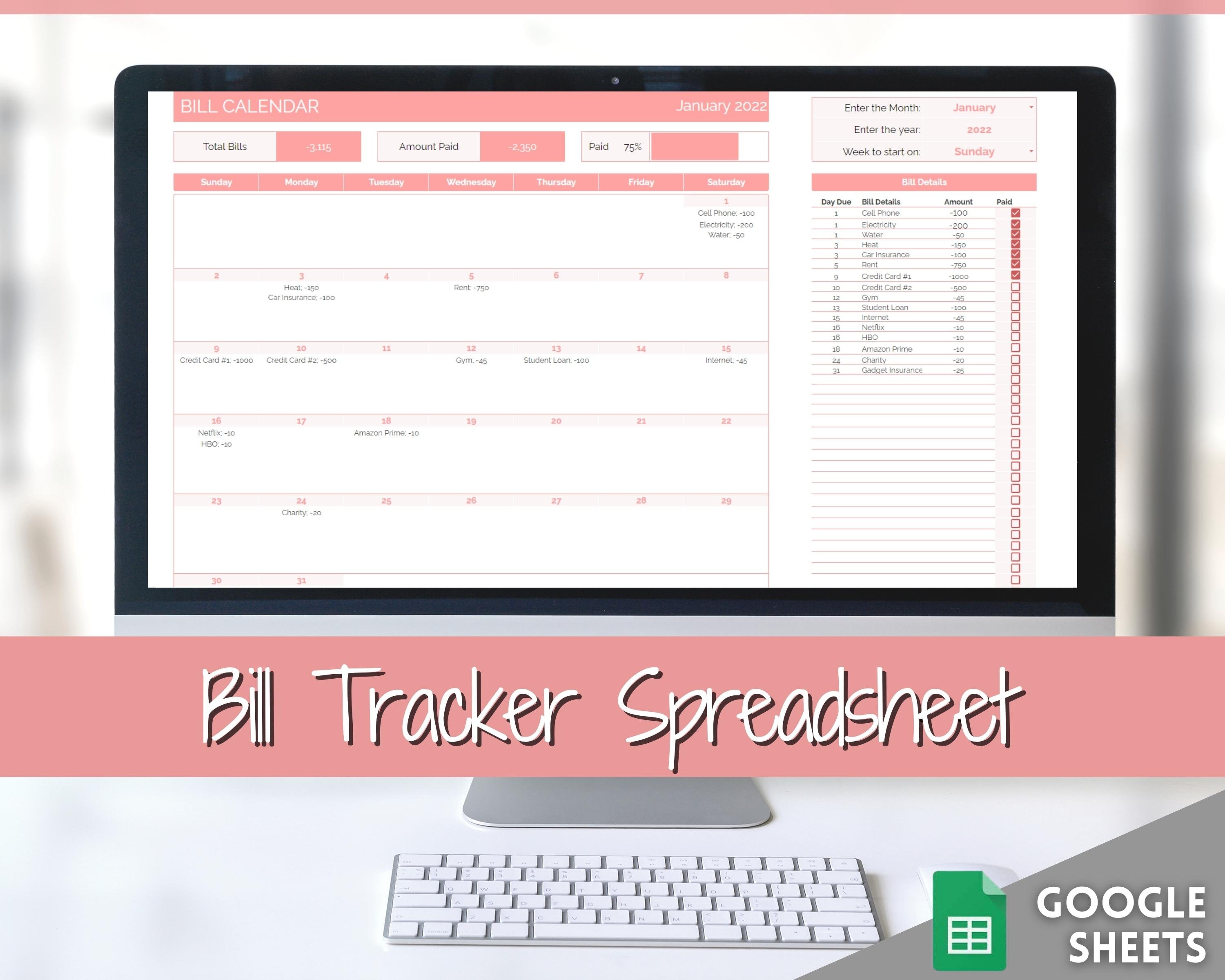 GOOGLE SHEETS Bill Payment Tracker Monthly Bill Calendar - Etsy