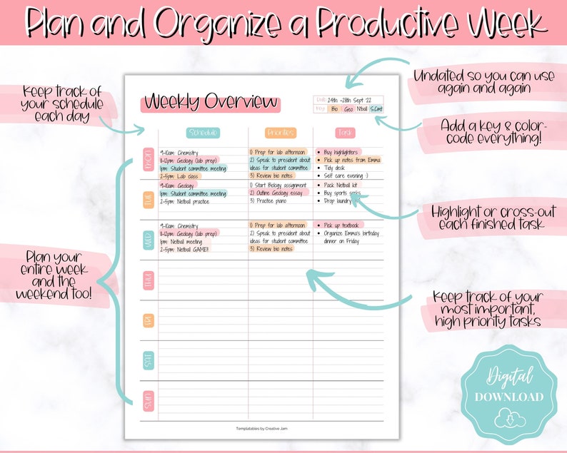 Student Planner, Printable College Weekly Schedule, College Student ...