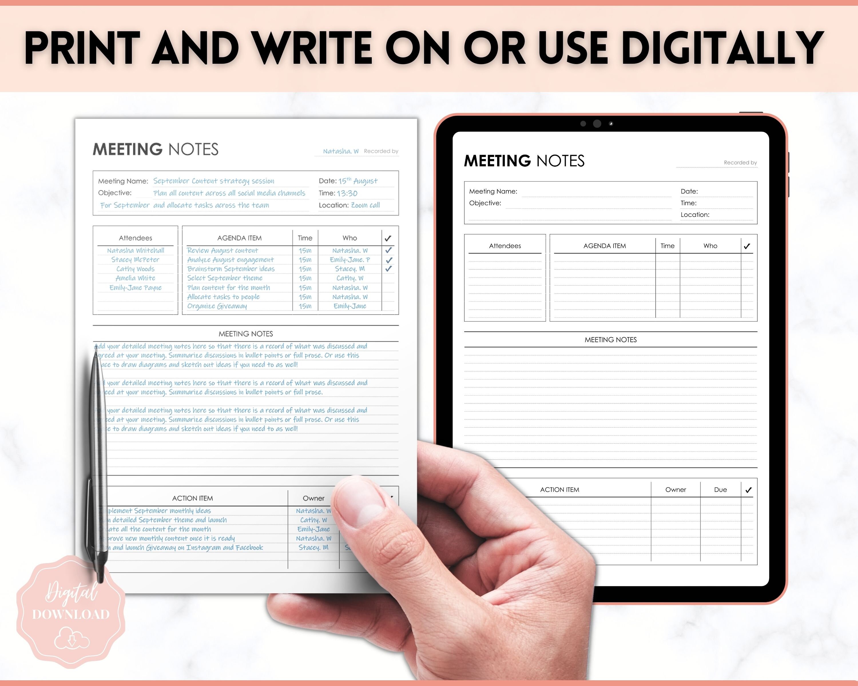 Editable Meeting Notes Template, Printable Business Meeting Minutes ...