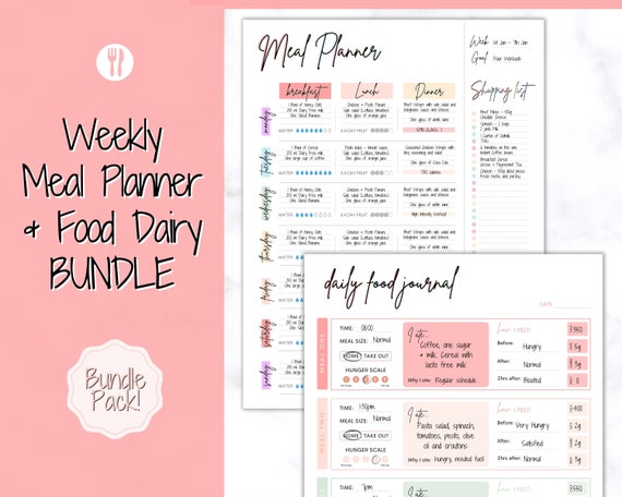 Colorful Meal Planner Printable BUNDLE Weekly Food Diary | Etsy