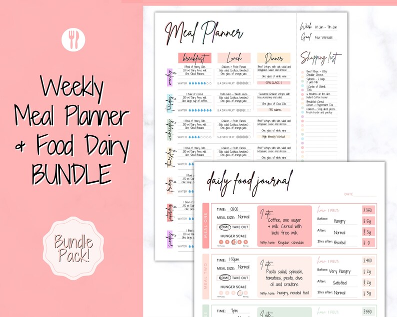 Colorful Meal Planner Printable BUNDLE Weekly Food Diary | Etsy