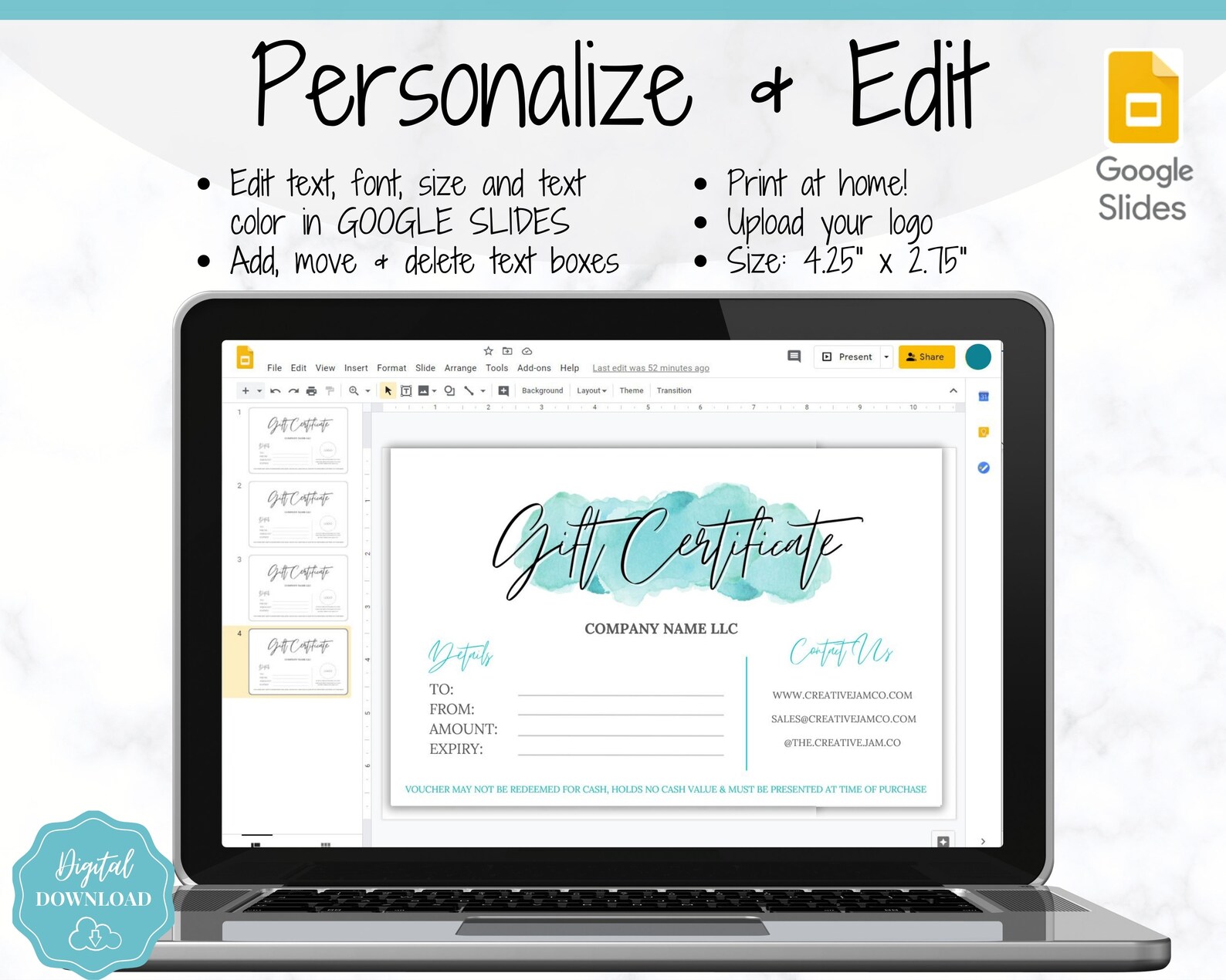 Gift Voucher Gift Certificate Template. Editable Gift Card | Etsy
