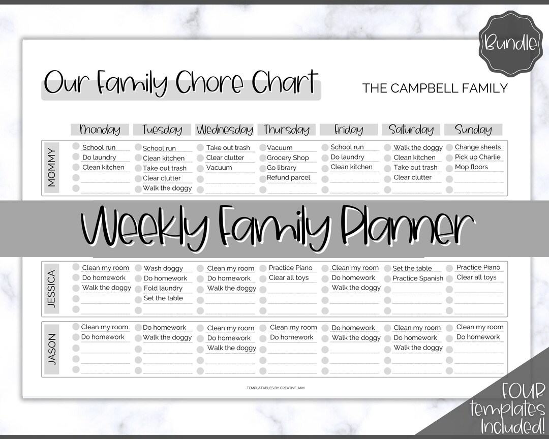Family Chore Chart, Editable Family Planner Printable, Weekly Family ...