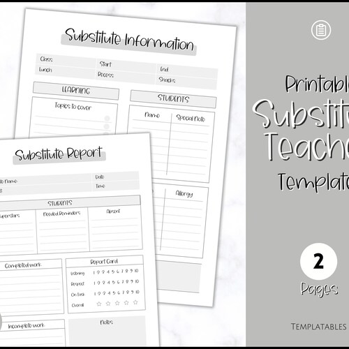 Substitute Teacher Note Printable Teacher Planner Template - Etsy