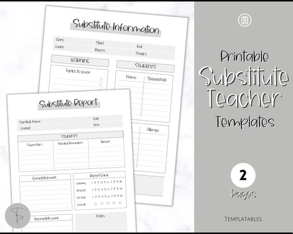 Substitute Teacher Note Printable Teacher Planner Template - Etsy