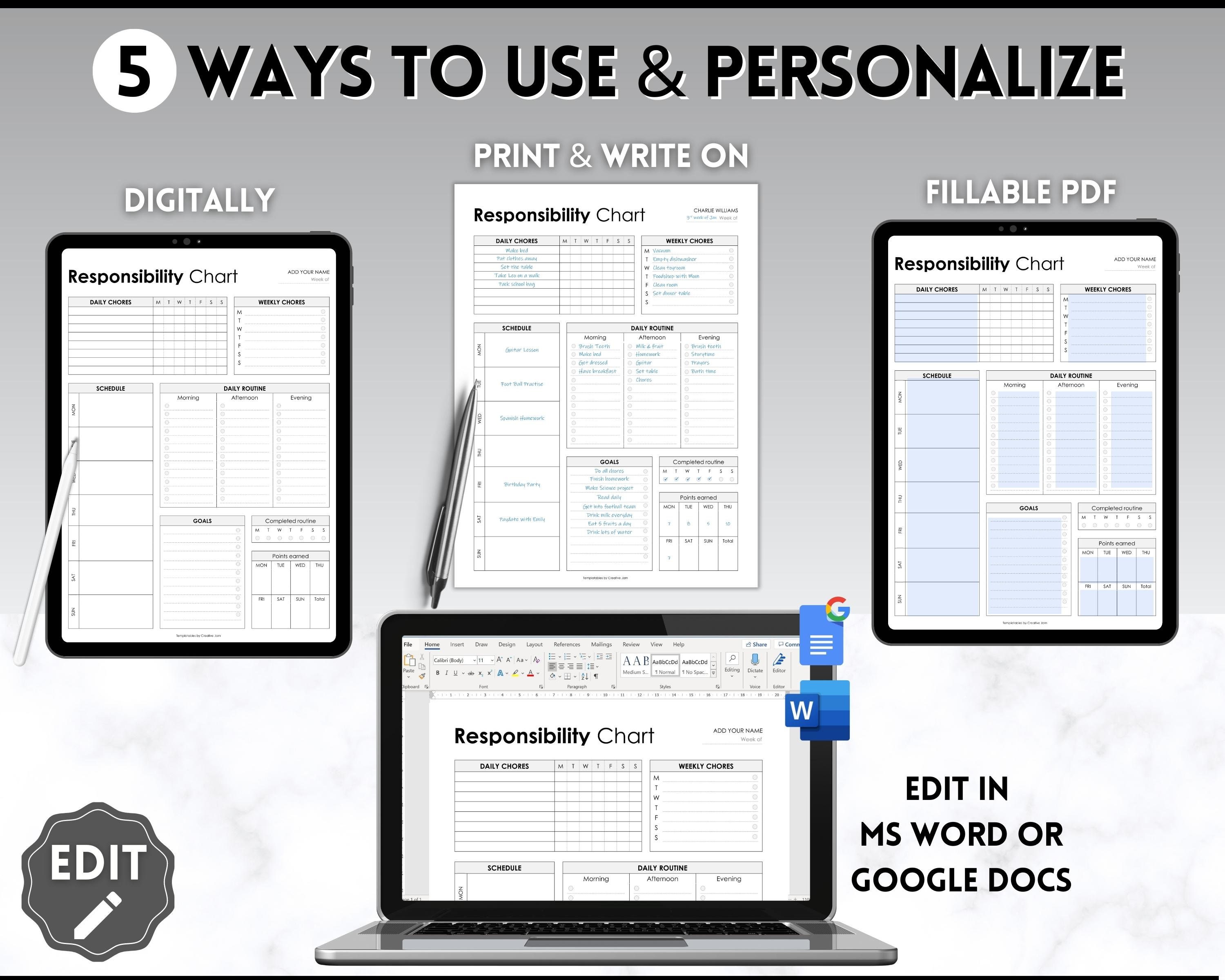 EDITABLE Responsibility Chart, Family Chore Chart, Reward Chart for ...