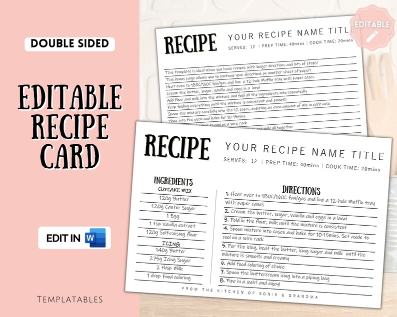 EDITABLE Recipe Card Template Recipe Template Recipe Cards - Etsy