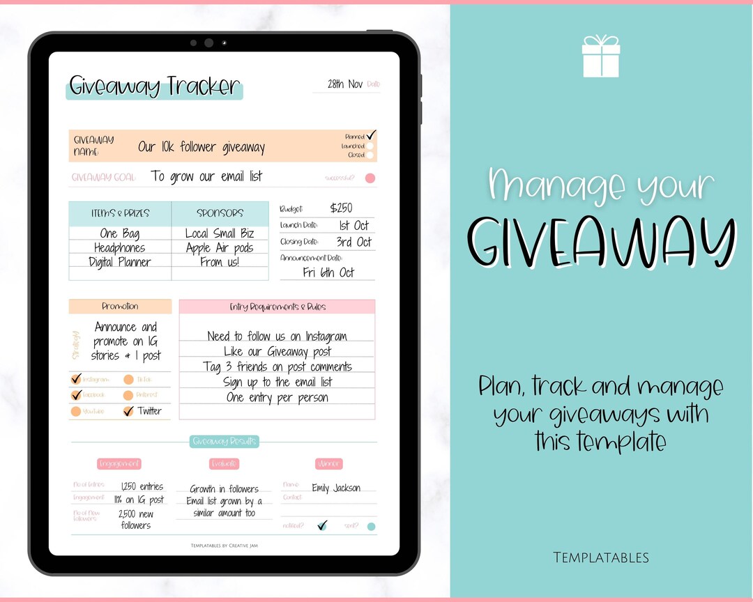 Giveaway Template, Social Media Planner, Printable Giveaway Tracker ...