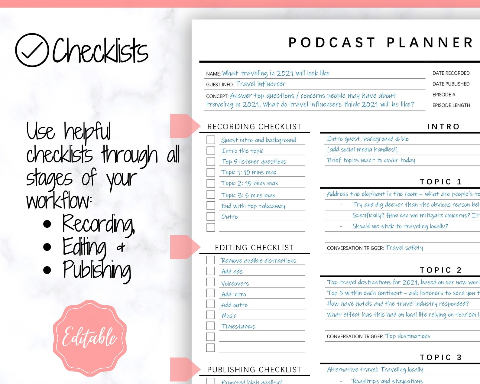 Podcast Planner, EDITABLE Podcast Template Content Calendar, Podcast ...