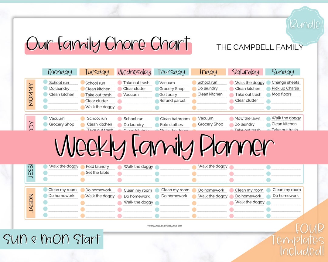Family Chore Chart, Editable Family Planner Printable, Weekly Family ...