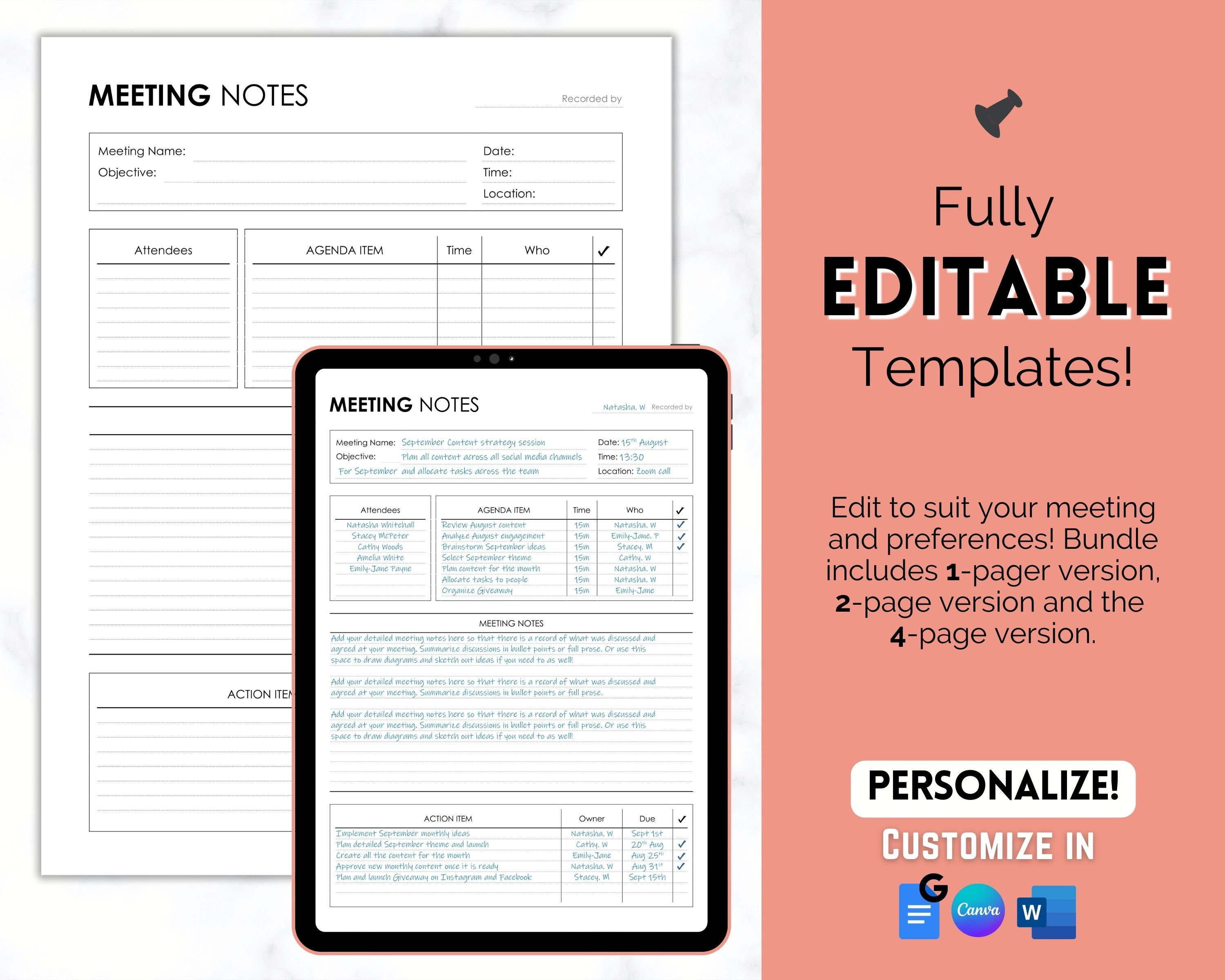 Meeting Notes Template, Editable Meeting Minutes, Printable Business ...