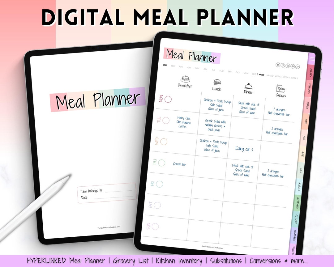 Digital Meal Planner, Colorful Weekly Meal Planner, Meal Plan Template ...