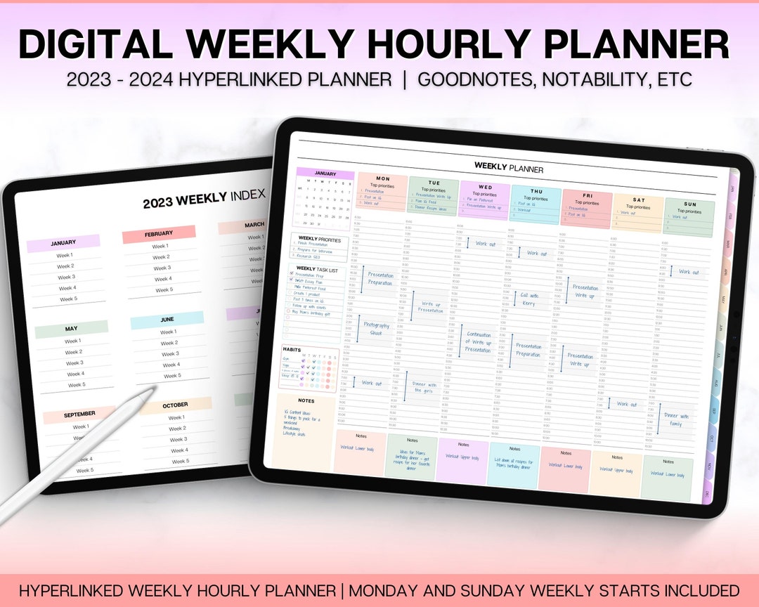 WEEKLY Hourly Digital Planner, 2024 Digital Planner, iPad Planner ...