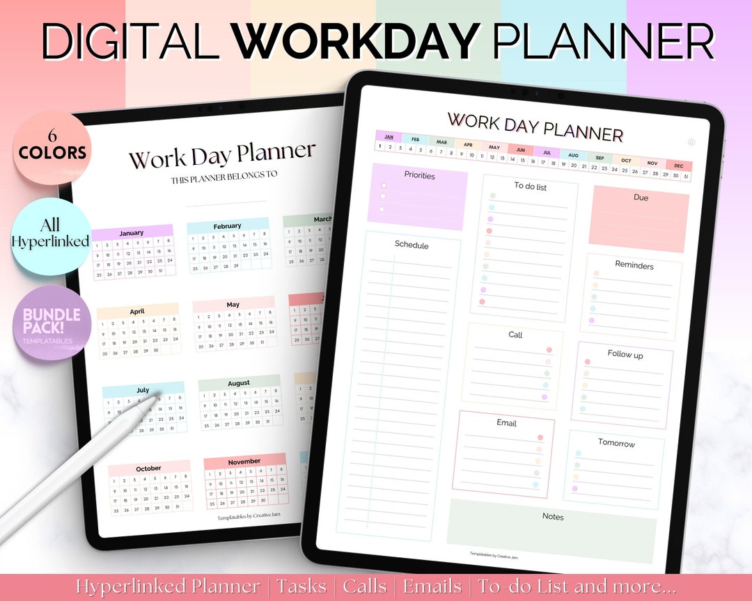 Work Planner, Digital Planner, Work Day Organizer, Daily Planner, Work ...