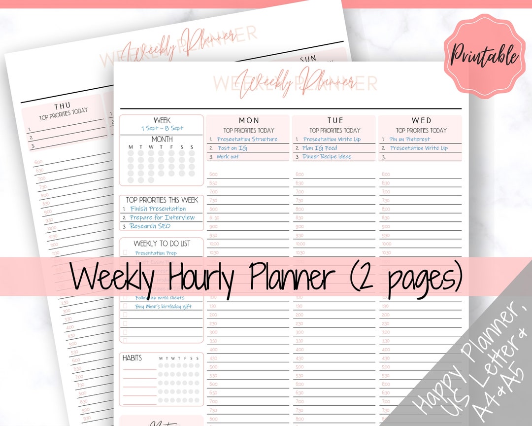 Weekly Planner Printable, Hourly Planner, Week on 2 Pages WO2P, Weekly ...
