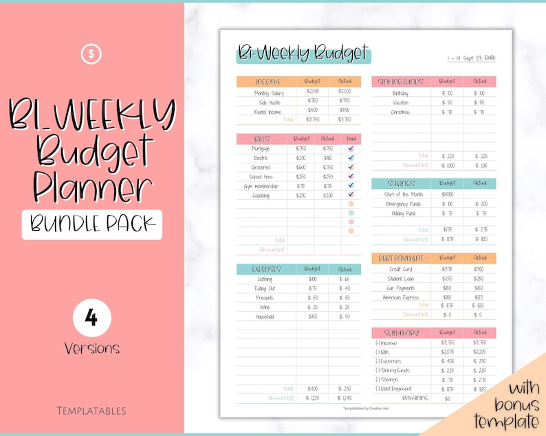 Biweekly Budget Planner, EDITABLE Bi-weekly Template, PDF Printable ...