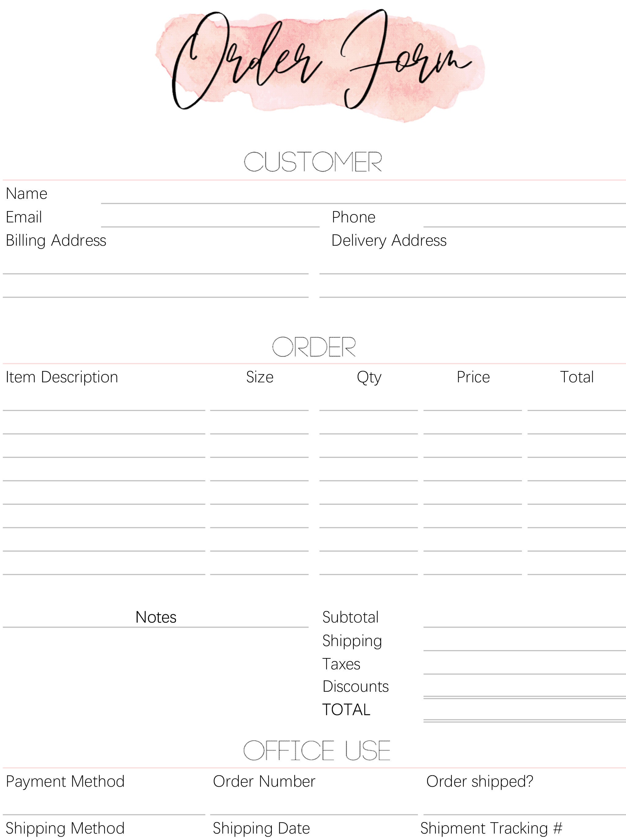 ORDER FORM Invoice Template EDITABLE Custom Receipt Template | Etsy