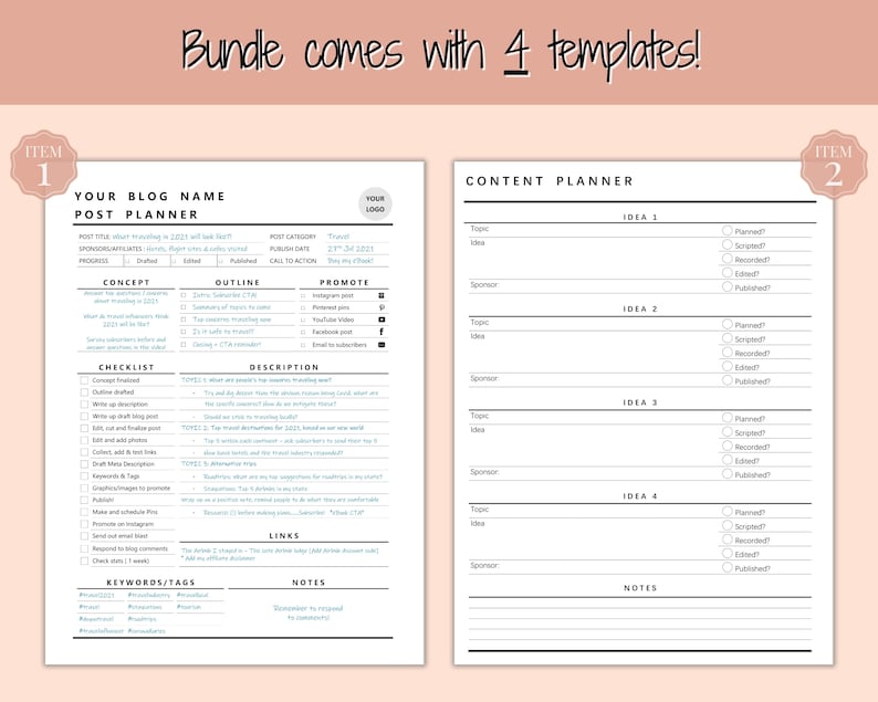 Blog Post Planner Templates EDITABLE Blogger Bundle Blog - Etsy
