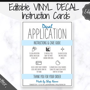 EDITABLE Vinyl Decal Care Card Instructions, Printable Decal Application Order Card, DIY Sticker ...