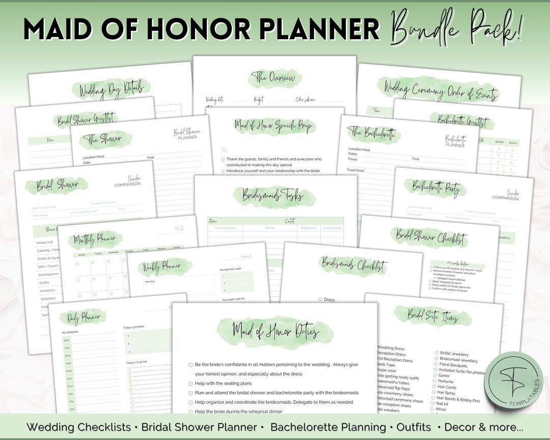 Maid of Honor Planner, 50pg GREEN Matron of Honor Wedding Planner ...